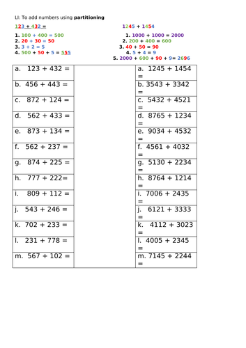 Partitioning addition 3 digit and 4 digit | Teaching Resources