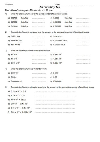 AS Chemistry Maths Test | Teaching Resources