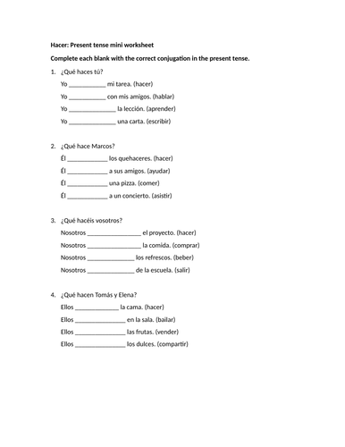 Hacer: Present tense mini worksheet | Teaching Resources