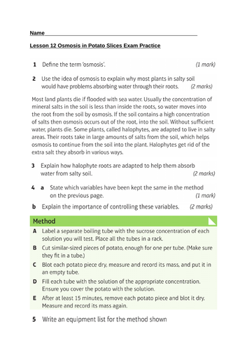 Edexcel CB1 SB1 Osmosis in Potatoes Core Practical Complete Lesson ...