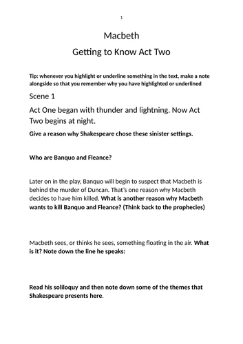 Macbeth Getting to know the play | Teaching Resources
