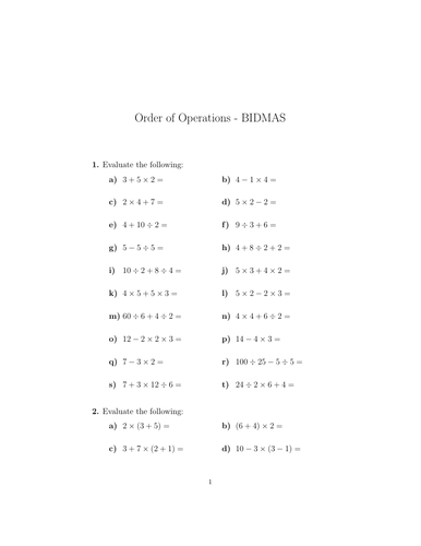 Order of Operations-BIDMAS Worksheet (with solutions) | Teaching Resources