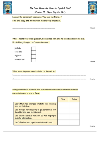 The Lion Above the Door Comprehension | Teaching Resources