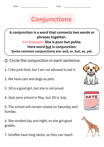 Printable Conjunctions Worksheets & Posters for 1st Grade Daily Grammar ...