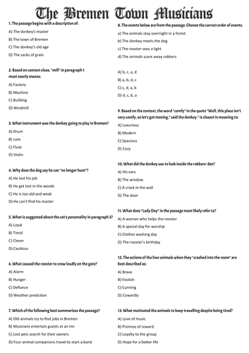 Bremen Town Musicians Comprehension | Teaching Resources