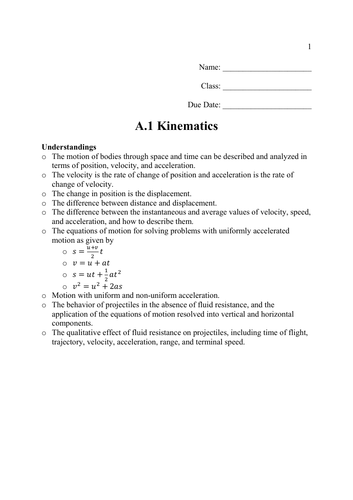 IB Physics Topic A.1 Kinematics | Teaching Resources