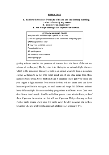 Literacy Entry Task | Teaching Resources