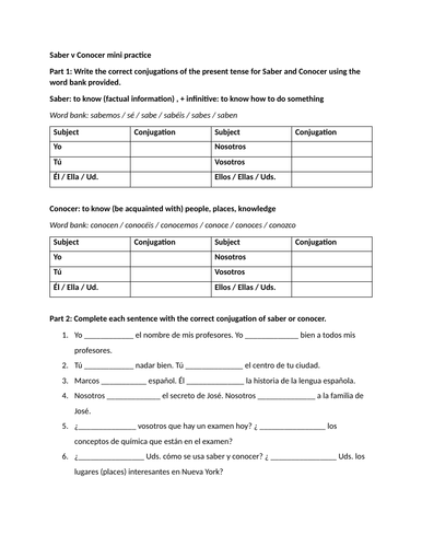Saber v Conocer mini practice | Teaching Resources