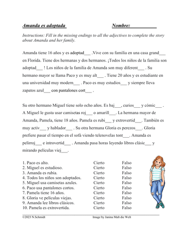 Spanish Adjective Agreement Story with Gap Fill Version (Adjectivos ...