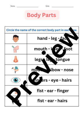 printable matching body parts worksheet for Special Education grade 1 ...