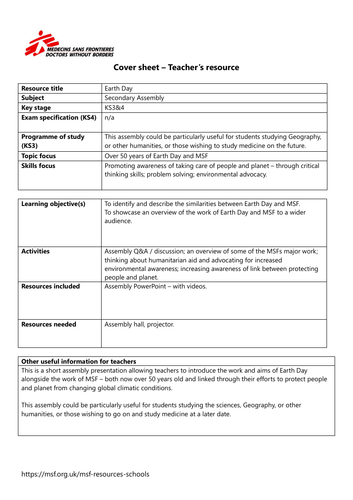Earth Day and MSF | PSHE, assemblies | KS3&4 | MSF | Teaching Resources