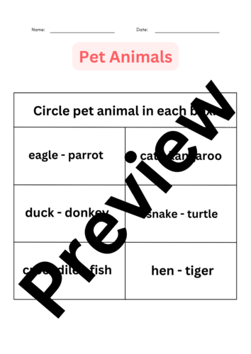 printable identifying and matching pet animals worksheet for grade 1, 2 ...