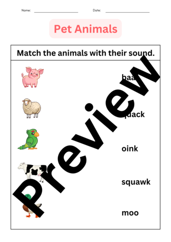 printable identifying and matching pet animals worksheet for grade 1, 2 ...