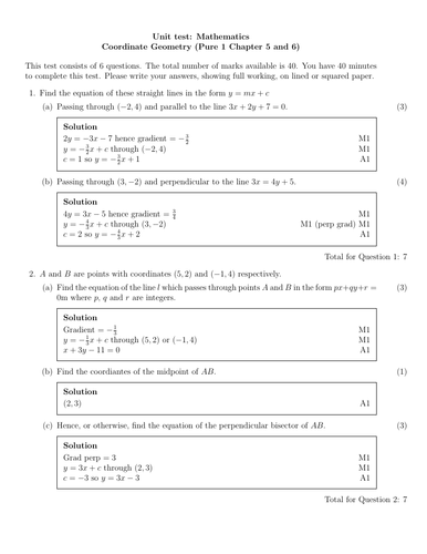 Edexcel Pure 1 Chapter 5 and 6 Unit Test - Coordinate Geometry ... Edexcel Pure 1 Chapter 5 and 6 Unit Test - Coordinate Geometry ...