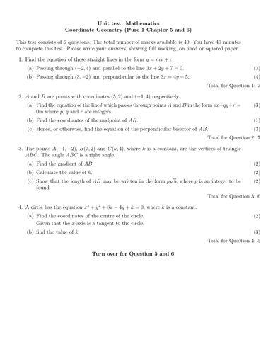 Edexcel Pure 1 Chapter 5 and 6 Unit Test - Coordinate Geometry ... Edexcel Pure 1 Chapter 5 and 6 Unit Test - Coordinate Geometry ...