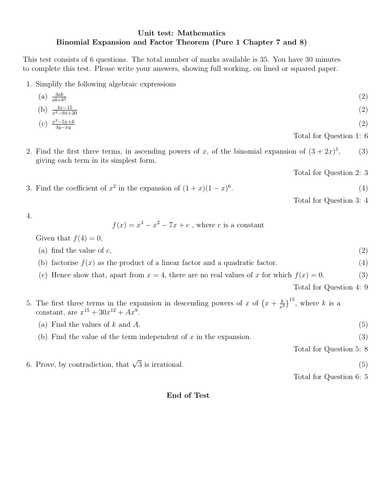 Edexcel Pure 1 Chapter 7 and 8 Unit Test - Factor Theorem and Binomial ... Edexcel Pure 1 Chapter 7 and 8 Unit Test - Factor Theorem and Binomial ...