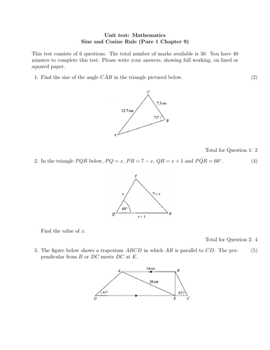 Edexcel Pure 1 Chapter 9 Unit Test - Sine and Cosine Rule | Teaching ... Edexcel Pure 1 Chapter 9 Unit Test - Sine and Cosine Rule | Teaching ...