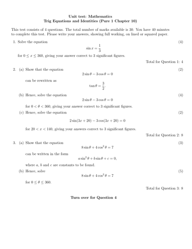 Edexcel Pure 1 Chapter 10 Unit Test - Trigonometric Identities and ... Edexcel Pure 1 Chapter 10 Unit Test - Trigonometric Identities and ...