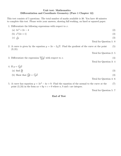 Edexcel Pure 1 Chapter 12 Part 1/2 Unit Test - Differentiation with ... Edexcel Pure 1 Chapter 12 Part 1/2 Unit Test - Differentiation with ...