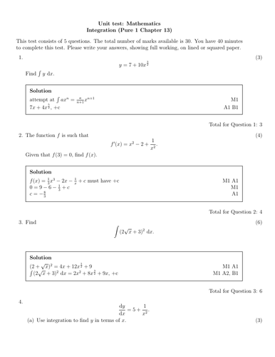 Edexcel Pure 1 Chapter 13 Part 1/2 Unit Test - Basic Integration ... Edexcel Pure 1 Chapter 13 Part 1/2 Unit Test - Basic Integration ...