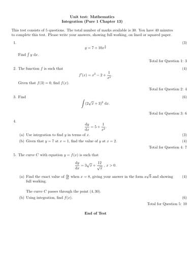 Edexcel Pure 1 Chapter 13 Part 1/2 Unit Test - Basic Integration ... Edexcel Pure 1 Chapter 13 Part 1/2 Unit Test - Basic Integration ...
