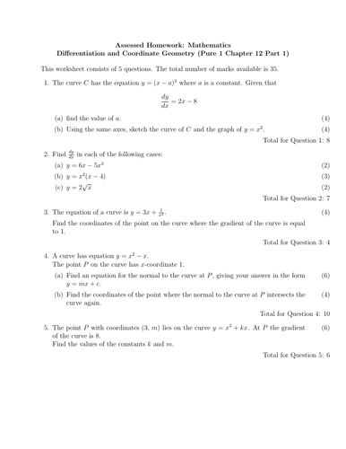 Edexcel Pure 1 Chapter 12 Part 1/2 Homework - Differentiation with ... Edexcel Pure 1 Chapter 12 Part 1/2 Homework - Differentiation with ...