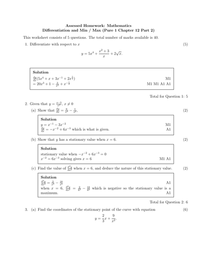 Edexcel Pure 1 Chapter 12 Part 2/2 Homework - Differentiation with ... Edexcel Pure 1 Chapter 12 Part 2/2 Homework - Differentiation with ...