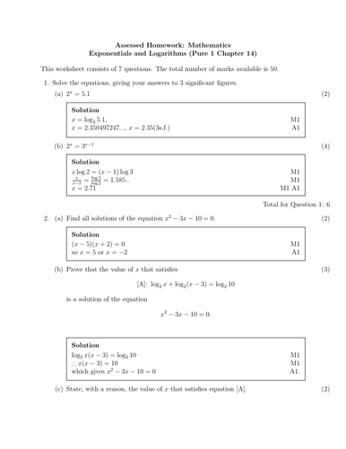 Edexcel Pure 1 Chapter 14 Homework - Exponentials and Logarithms ... Edexcel Pure 1 Chapter 14 Homework - Exponentials and Logarithms ...