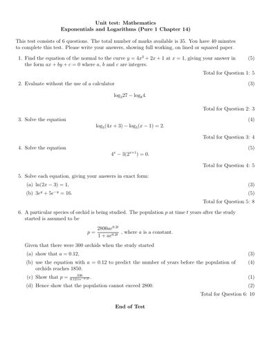 Edexcel Pure 1 Chapter 14 Unit Test - Exponentials and Logarithms ... Edexcel Pure 1 Chapter 14 Unit Test - Exponentials and Logarithms ...