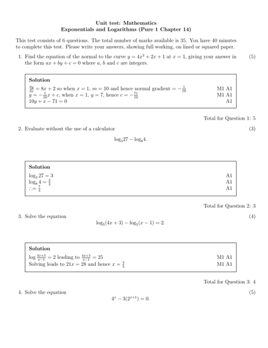 Edexcel Pure 1 Chapter 14 Unit Test - Exponentials and Logarithms ... Edexcel Pure 1 Chapter 14 Unit Test - Exponentials and Logarithms ...