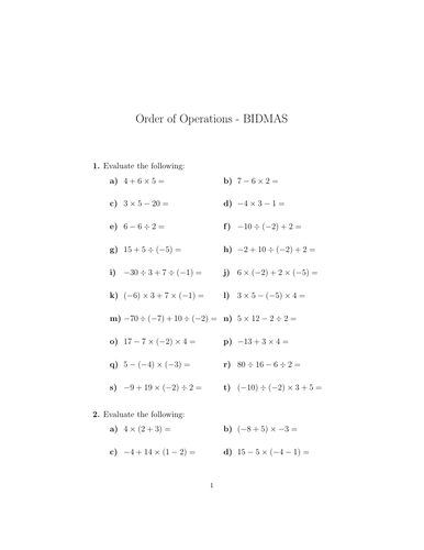 Order of Operations With Integers-BIDMAS Worksheet (with solutions ...