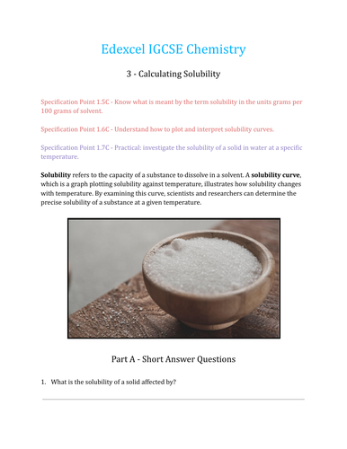 Edexcel Igcse Chemistry Worksheet 3 Calculating Solubility Teaching Resources