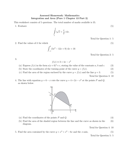Edexcel Pure 1 Chapter 13 Part 2/2 Homework - Integration and Areas ... Edexcel Pure 1 Chapter 13 Part 2/2 Homework - Integration and Areas ...