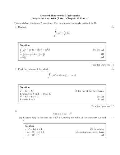Edexcel Pure 1 Chapter 13 Part 2/2 Homework - Integration and Areas ... Edexcel Pure 1 Chapter 13 Part 2/2 Homework - Integration and Areas ...