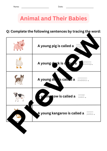 printable matching animals and their babies worksheet for grade 1, 2, 3 ...