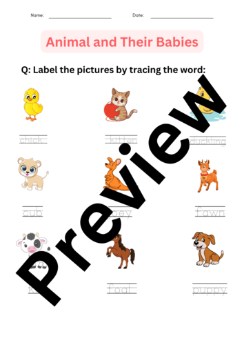 printable matching animals and their babies worksheet for grade 1, 2, 3 ...