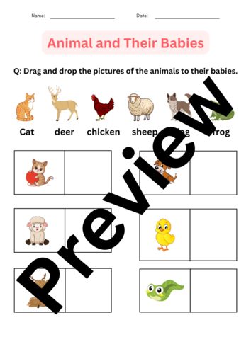 printable matching animals and their babies worksheet for grade 1, 2, 3 ...