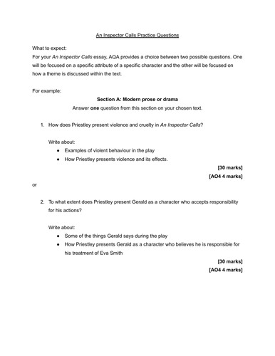 An Inspector Calls Practice Questions | Teaching Resources