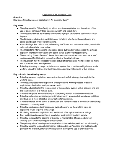 Grade 9 Model Essay: Capitalism In An Inspector Calls | Teaching Resources