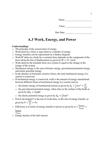 IB Physics Topic A.3 Work, Energy, and Power | Teaching Resources