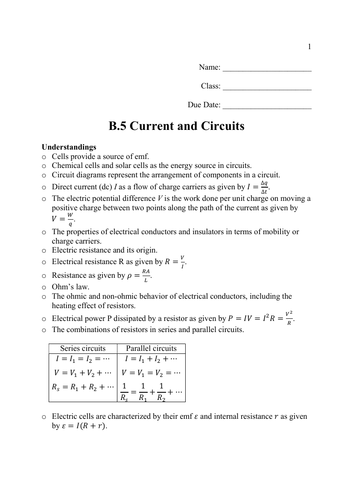 IB Physics Topic B.5 Current and Circuits | Teaching Resources