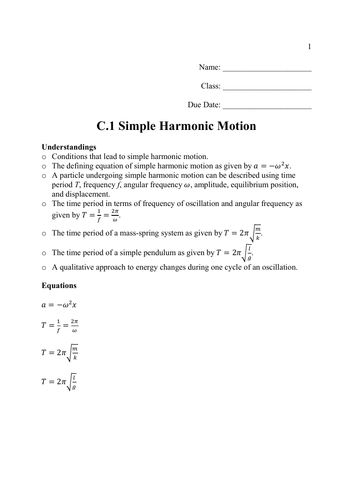 IB Physics Topic C.1 Simple Harmonic Motion | Teaching Resources