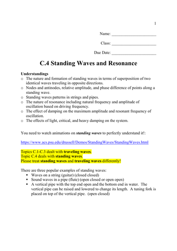 IB Physics Topic C.4 Standing Waves and Resonance | Teaching Resources