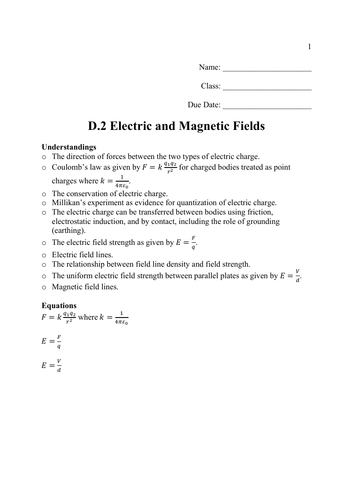 IB Physics Topic D.2 Electric and Magnetic Fields | Teaching Resources