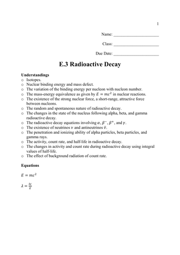 IB Physics Topic E.3 Radioactive Decay | Teaching Resources