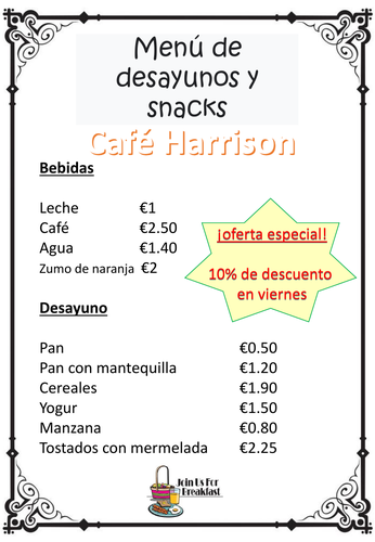 Spanish breakfast food menu lesson | Teaching Resources