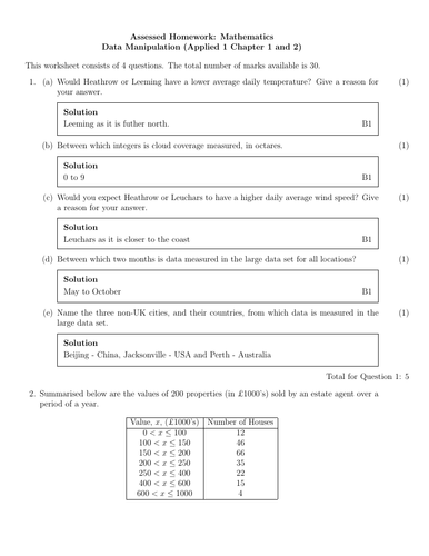 Edexcel Applied 1 Chapter 1 and 2 Homework - Data | Teaching Resources
