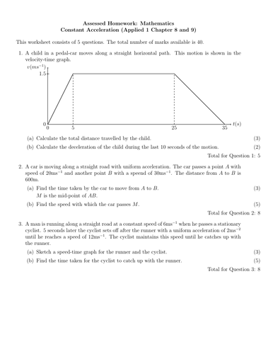 Edexcel Applied 1 Chapter 8 and 9 Homework - Constant Acceleration | Teaching Resources