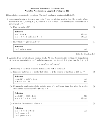 Edexcel Applied 1 Chapter 11 Homework - Variable Acceleration | Teaching Resources