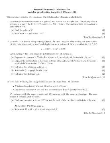 Edexcel Applied 1 Chapter 11 Homework - Variable Acceleration | Teaching Resources